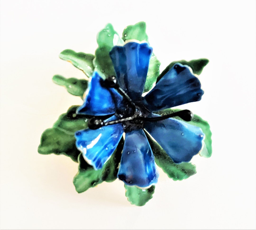 Vintage Metal Flower Brooch Blue Enamel Petals, Green Leaves and Black ...