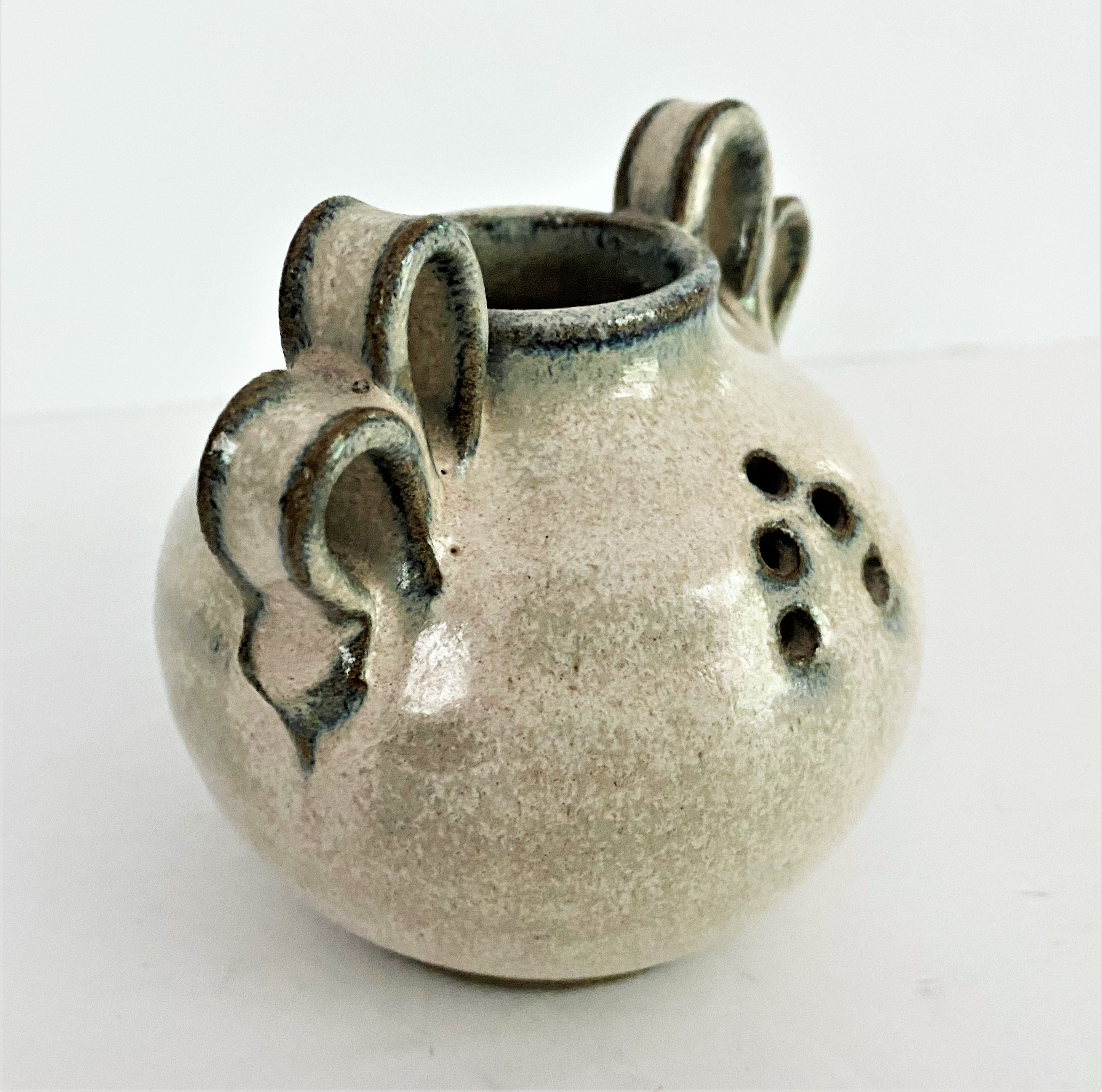 Vintage Stoneware Vase, Small Rounded Vase With Reticulated Flower ...