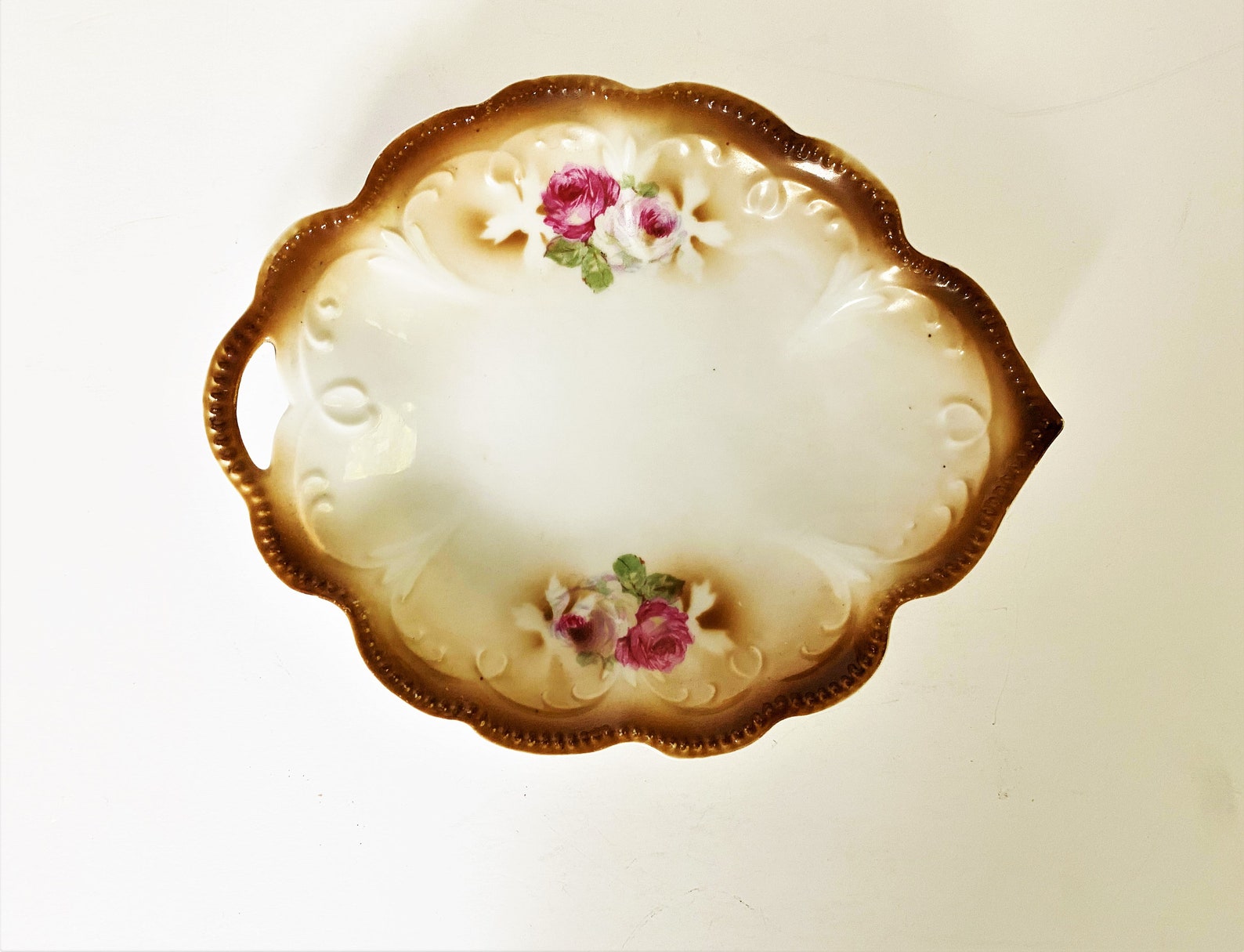 Antique Porcelain Dish German Leaf Shape Shallow Bowl Cream With Brown ...