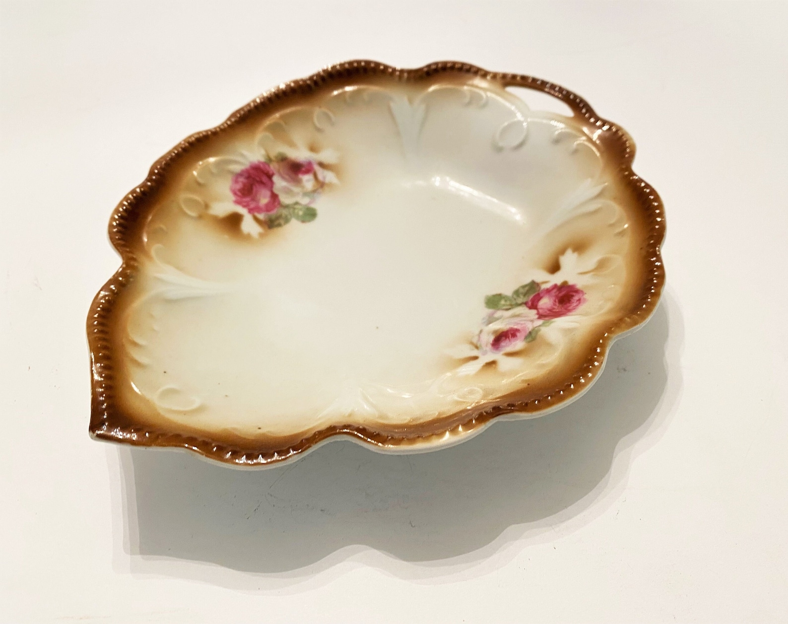 Antique Porcelain Dish German Leaf Shape Shallow Bowl Cream With Brown ...