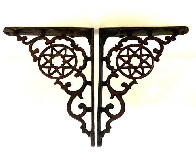 Vintage Cast Iron Brackets Pair Aged Bronze Shelf Brackets in Circle ...
