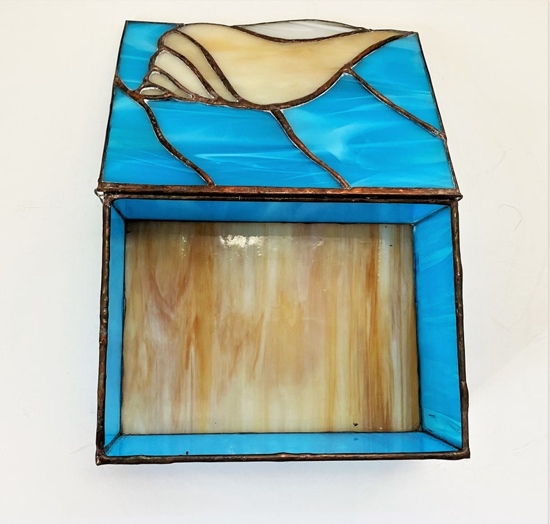Vintage Stained Glass Box With Cog Shell Design Blue Glass - Etsy