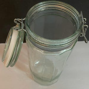 Vintage Glass Canister Wire Bail Seal Lid, Green Paneled Glass Jar 10 ...