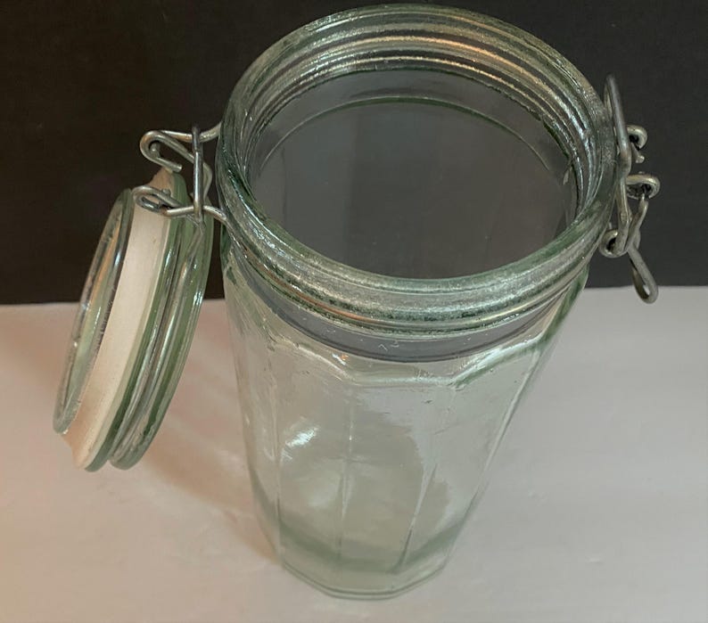 Vintage Glass Canister Wire Bail Seal Lid, Green Paneled Glass Jar 10 ...