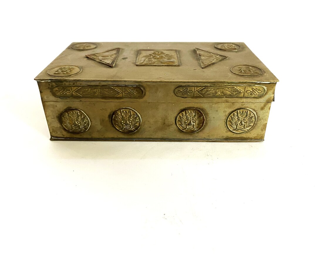 Vintage Chinese Hinged Brass Box Wood Lined Box With Budha, Butterfly ...