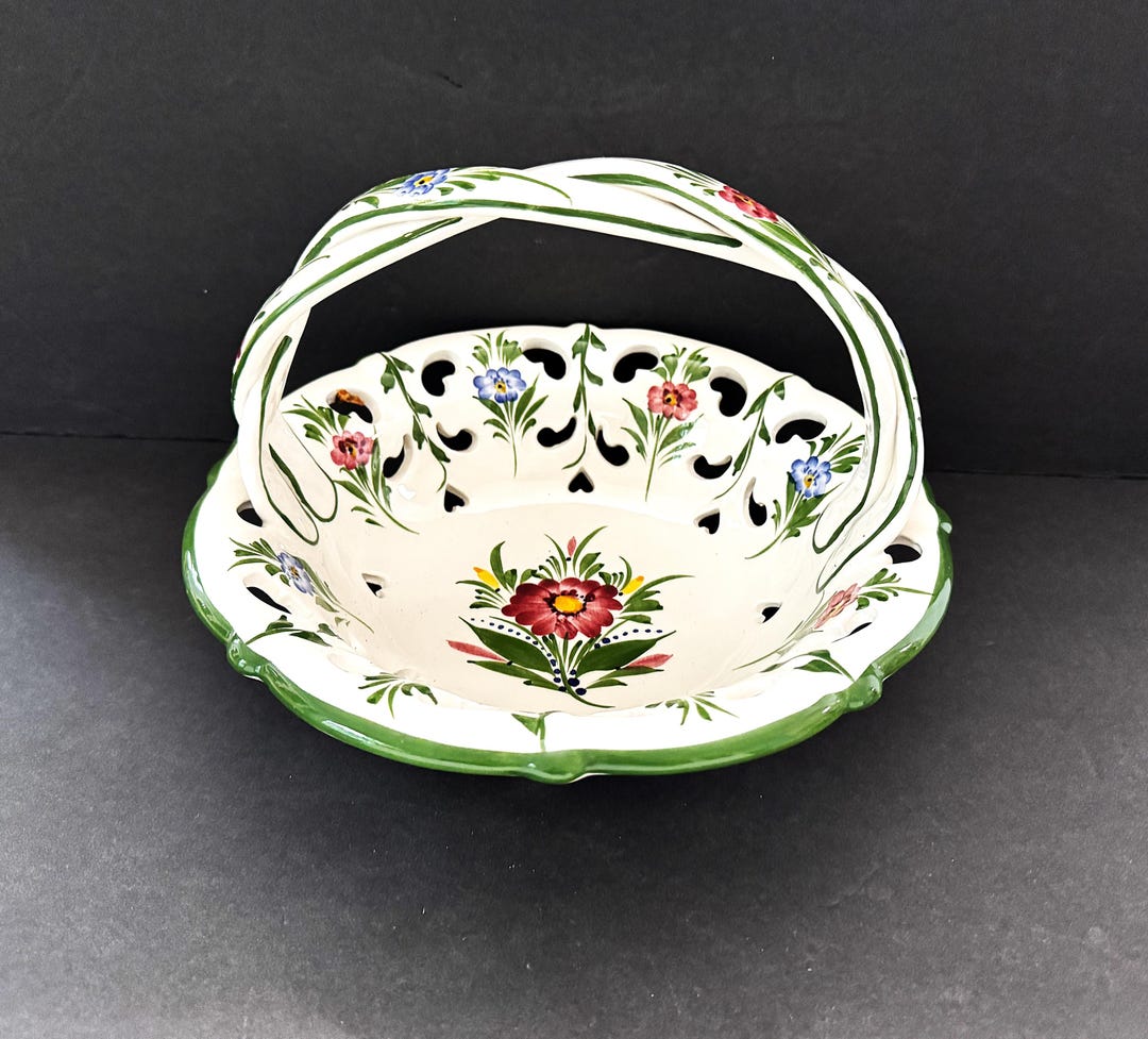 Vintage Ceramic Basket With Handle Large Hand Painted Bowl With Twisted ...