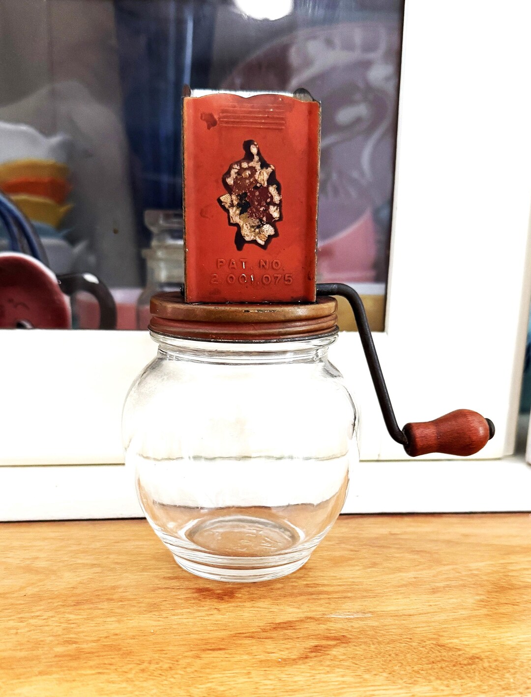 Vintage Red Floral Nut Chopper With Anchor Hocking Glass Jar With Wood ...