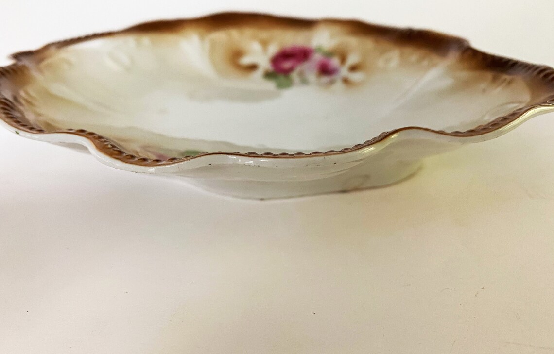 Antique Porcelain Dish German Leaf Shape Shallow Bowl Cream With Brown ...
