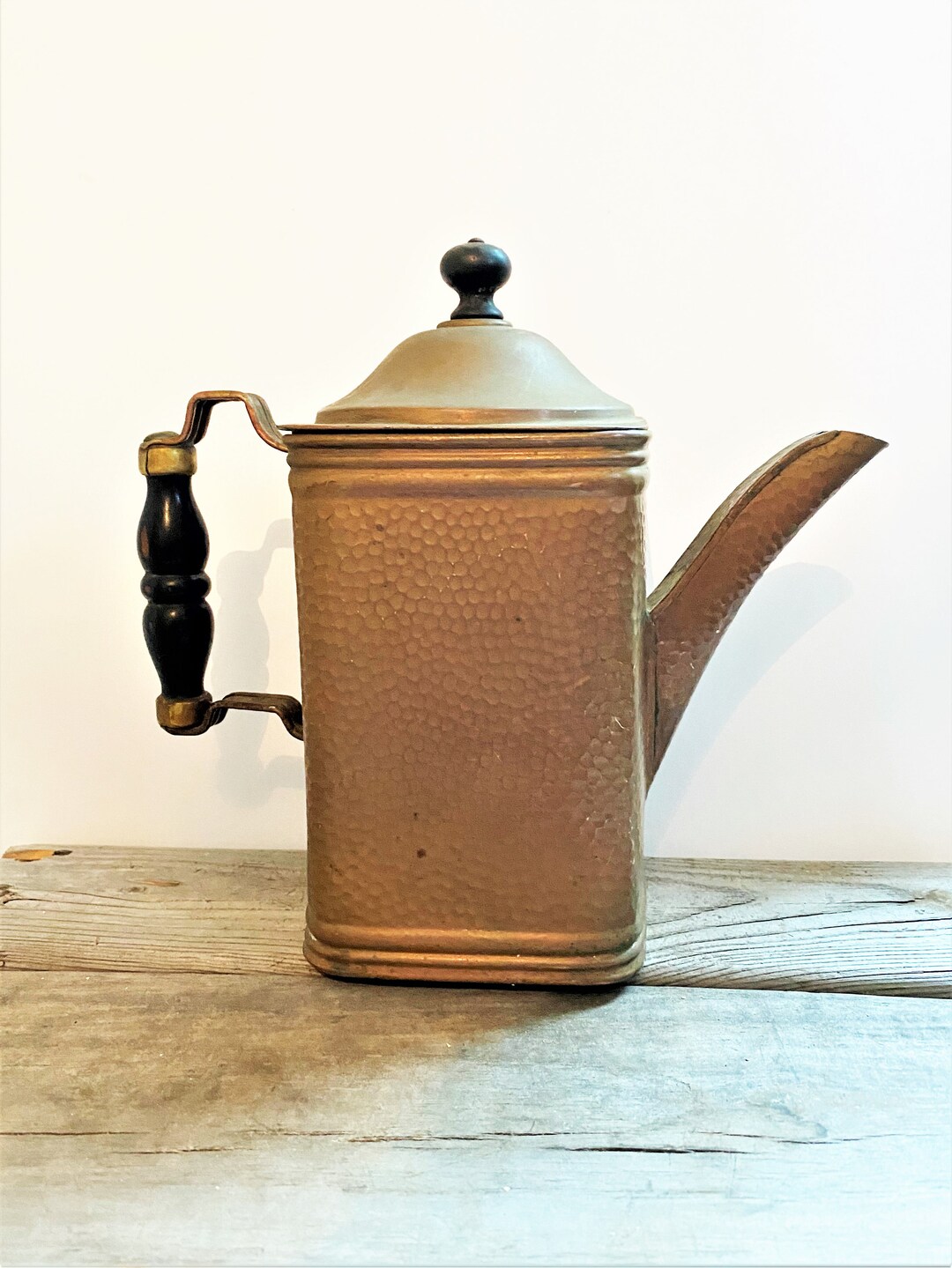 Antique Hammered Copper Tea Coffee Pot Square Shape Pot With Wood ...