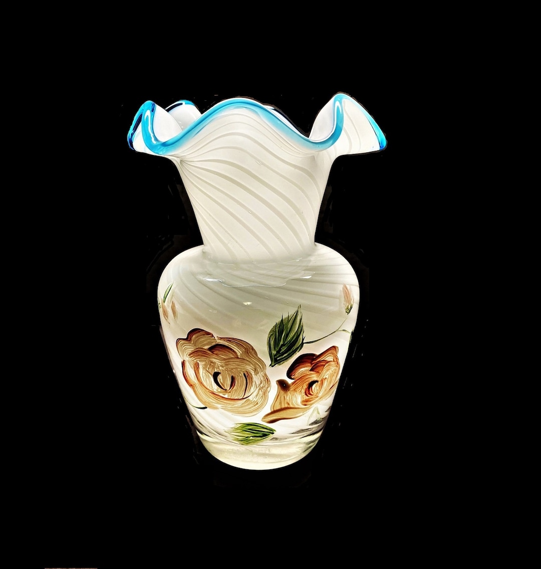 Vintage Glass Vase Translucent White Cased Glass, Blue Edged Ruffle ...