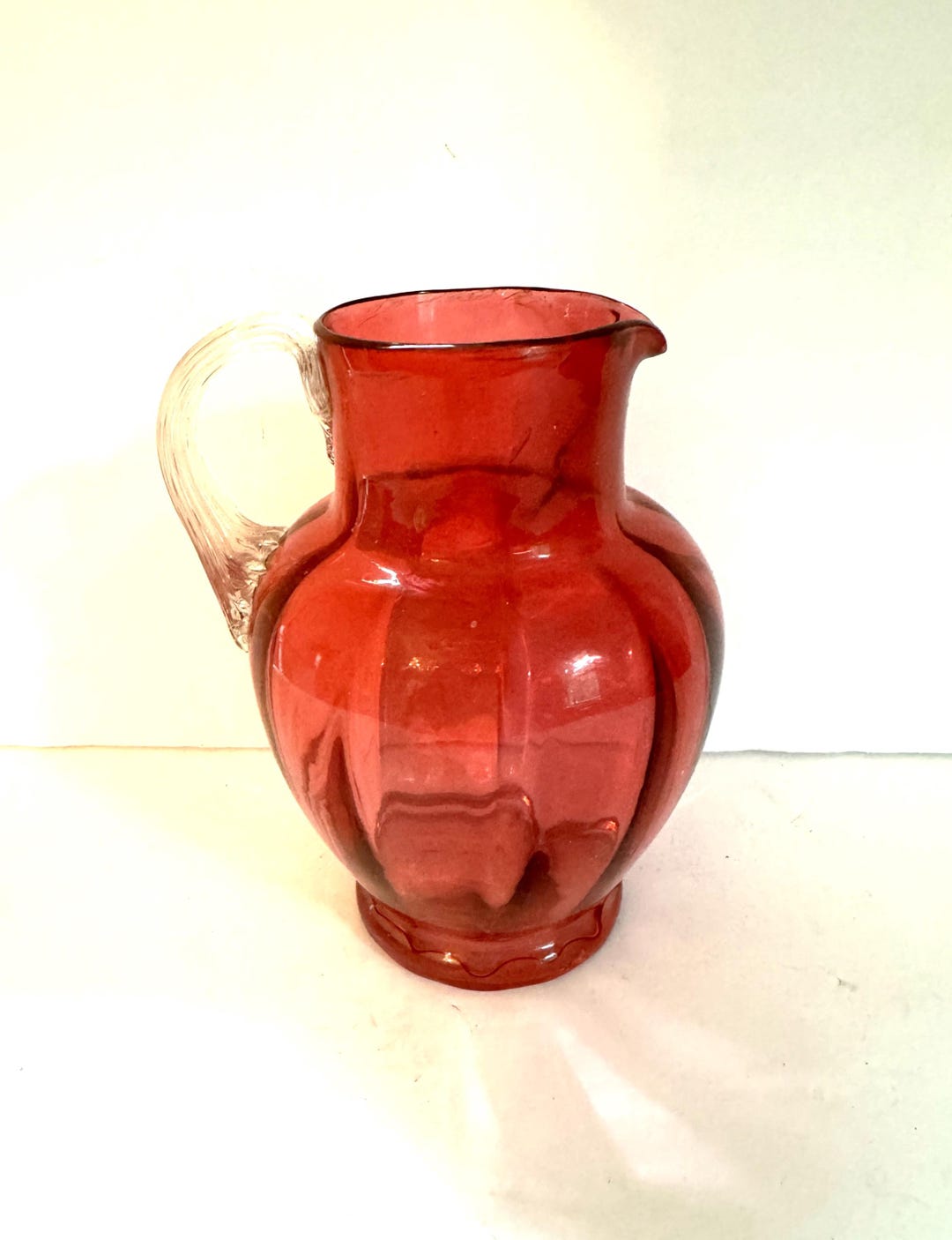 Vintage Cranberry Glass Pitcher Mellon Shape With Applied Ribbed Handle ...