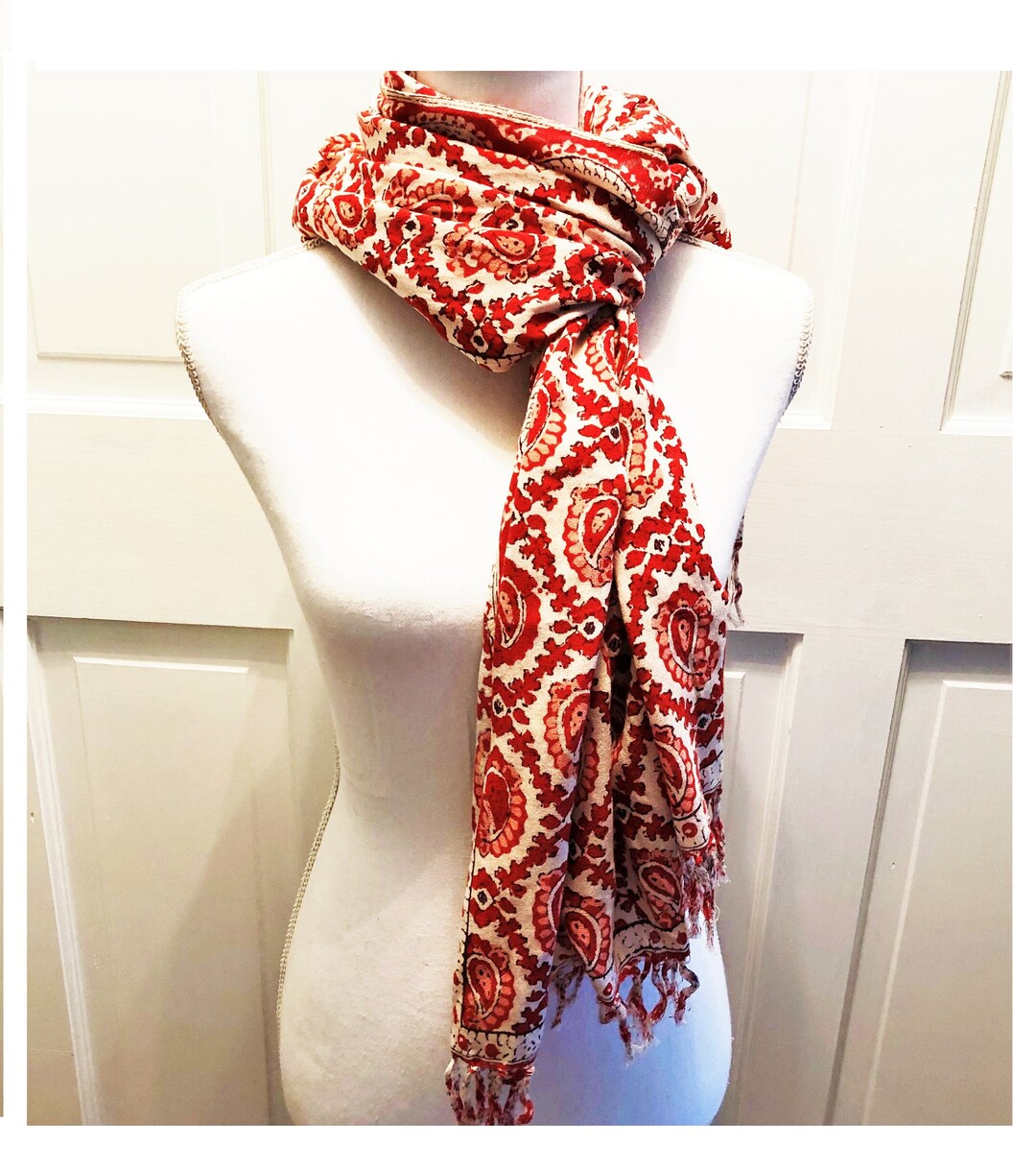 Vintage Red Bohemian Print Scarf, Versatile Fringe Shawl - Etsy