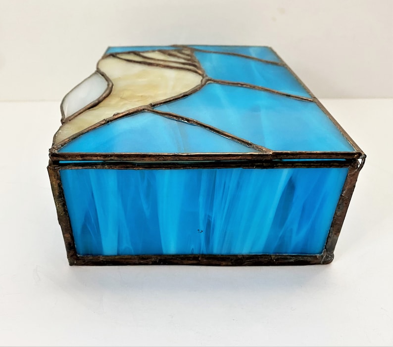 Vintage Stained Glass Box With Cog Shell Design Blue Glass - Etsy
