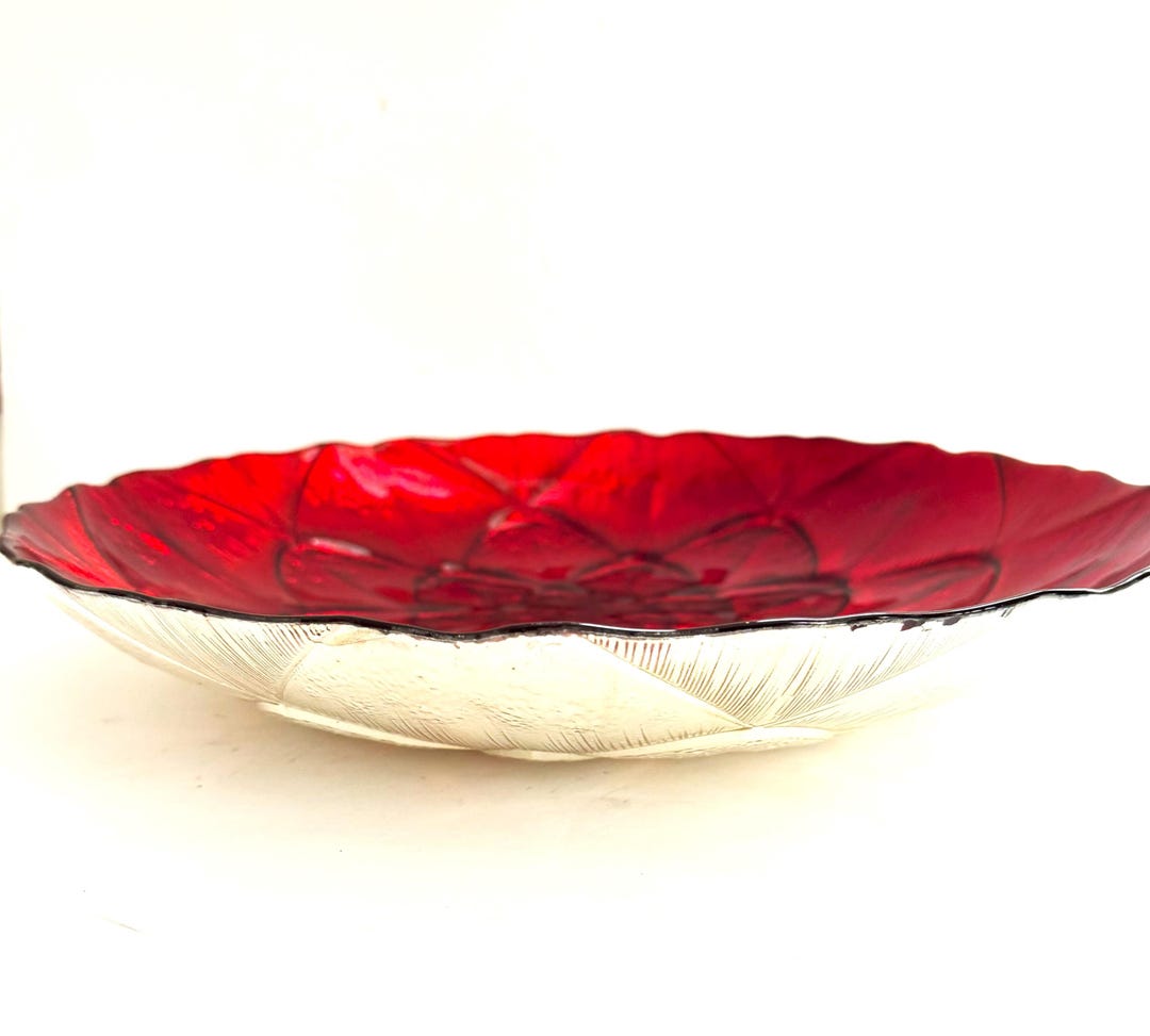 Vintage Large Red Glass Bowl With Silver Bottom Very Large 16-inch-wide ...