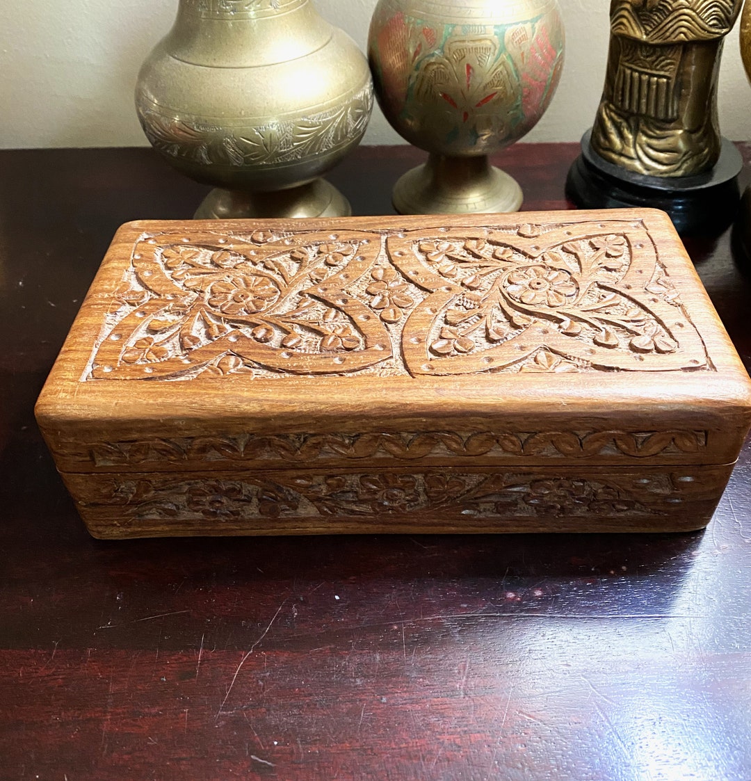 Vintage Hand Carved Wood Box Made by Archana Handicrafts India Lidded 8 ...