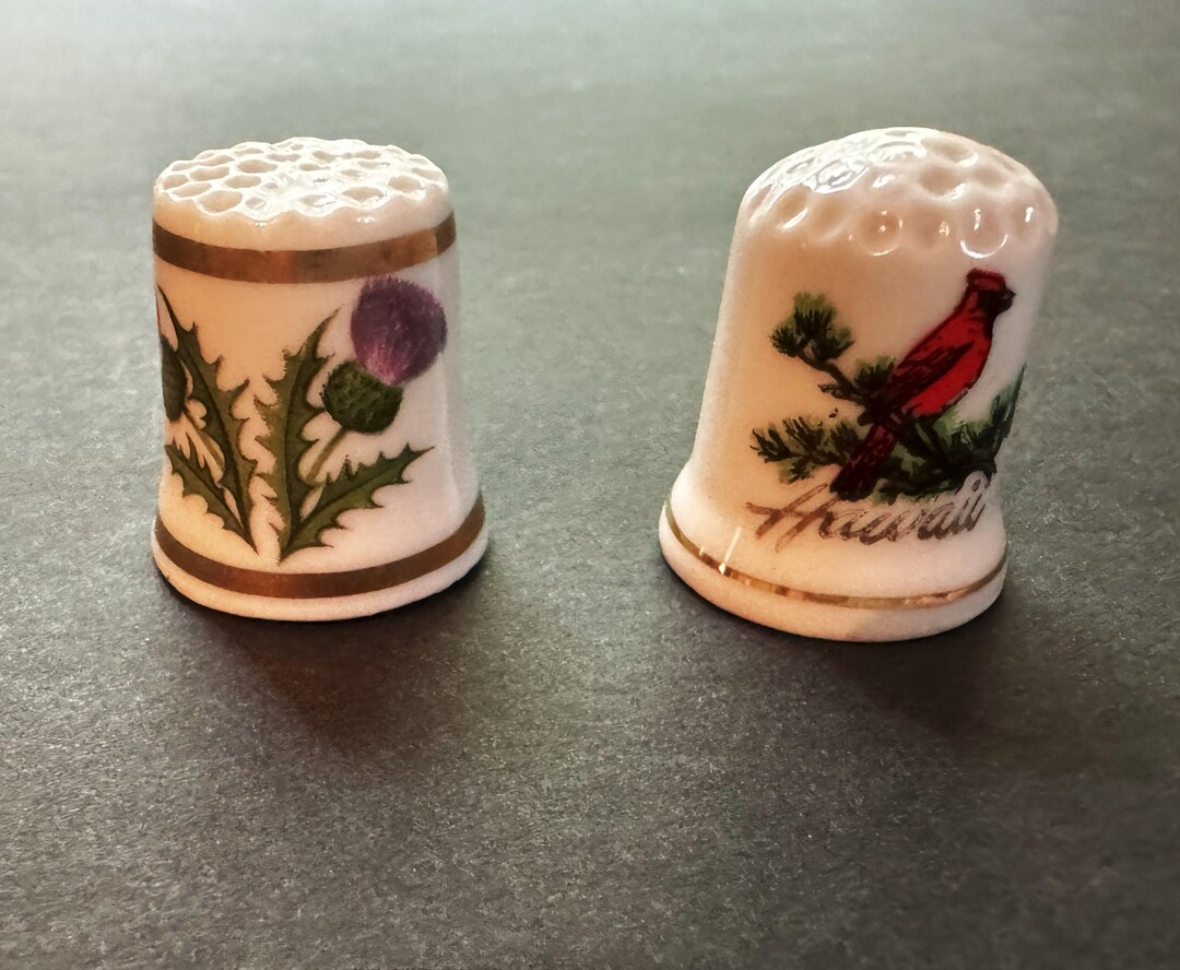 Vintage Pair Fine Bone China Thimbles Cardinal and Thistles Thimbles ...