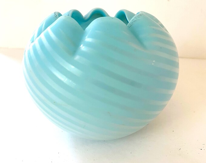 Vintage Blue Satin Glass Rose Bowl Spiral Optic With Crimped Rim Vase 3 12 Inch Glass Vase Etsy