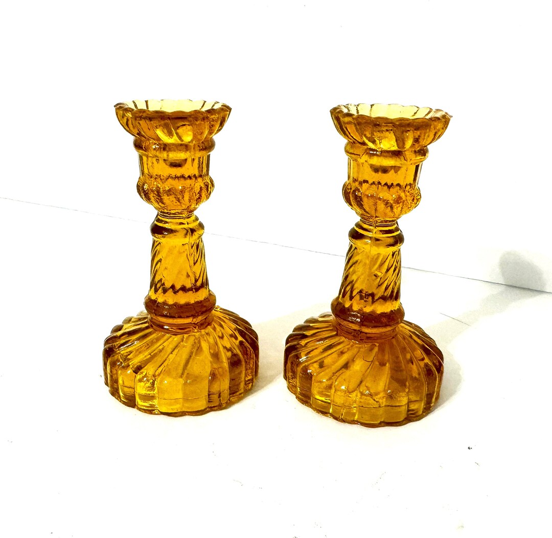 Vintage Amber Glass Small Candle Holders Pair Small Glass Candle Stick ...