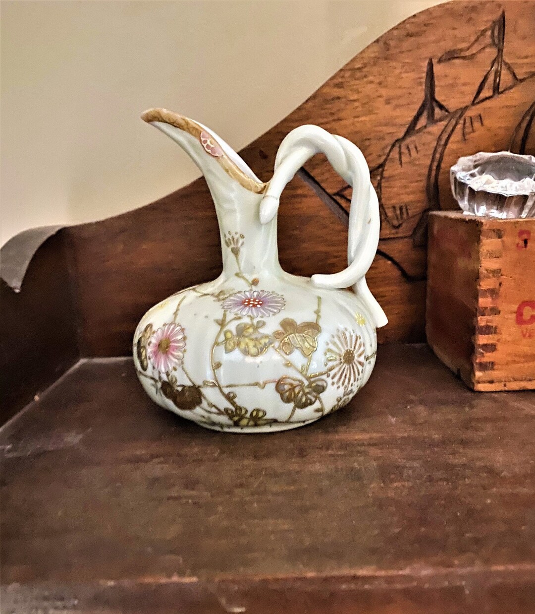 Vintage Small Porcelain Pitcher With Raised Floral Design and Twisted ...