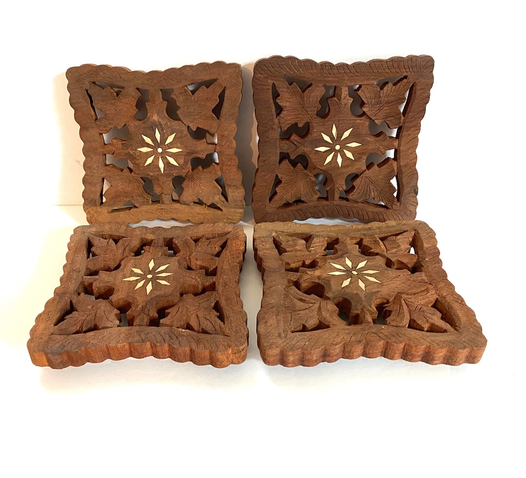 Vintage Hand Carved Teak Wood Trivets Set of Four Footed Pot Holders ...