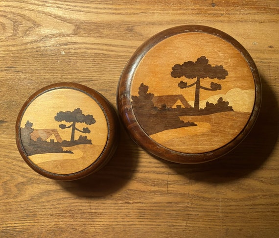 Vintage Pair of Wood Turned Containers Scene of a View From a | Etsy