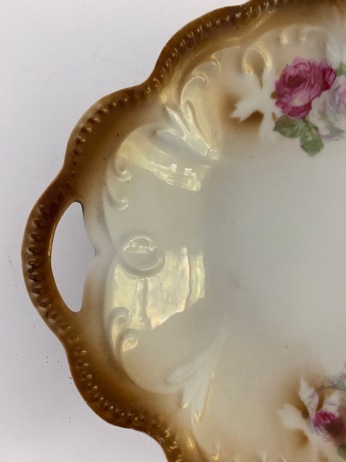 Antique Porcelain Dish German Leaf Shape Shallow Bowl Cream With Brown ...
