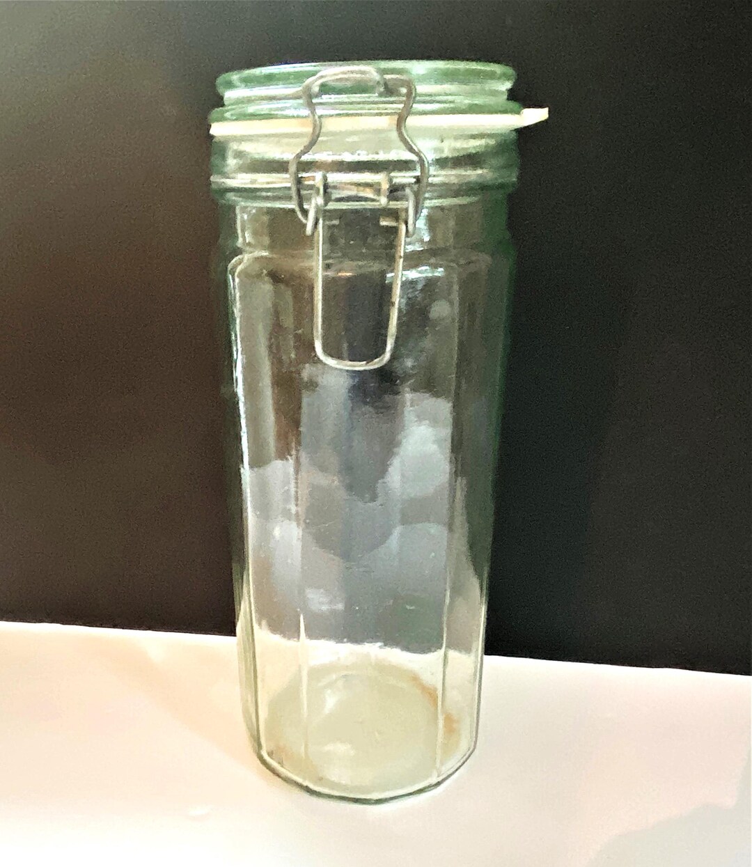 Vintage Glass Canister Wire Bail Seal Lid, Green Paneled Glass Jar 10 ...