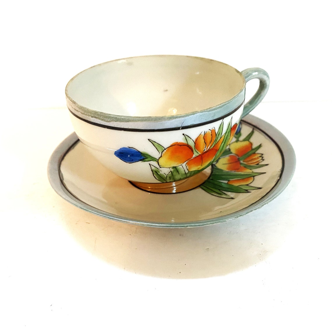 Vintage Lusterware Cup and Saucer Hand Painted Iridescent Blue and ...