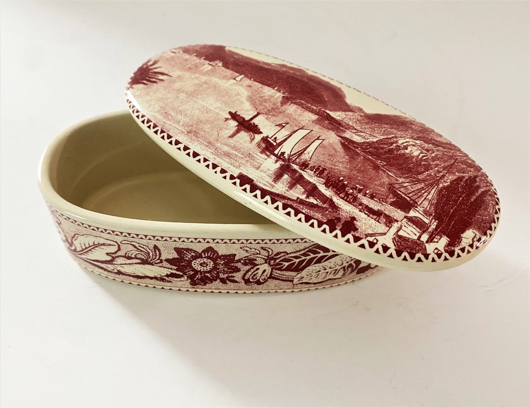 Vintage Porcelain Trinket Box Oval Covered Dish With Red Sea Port ...