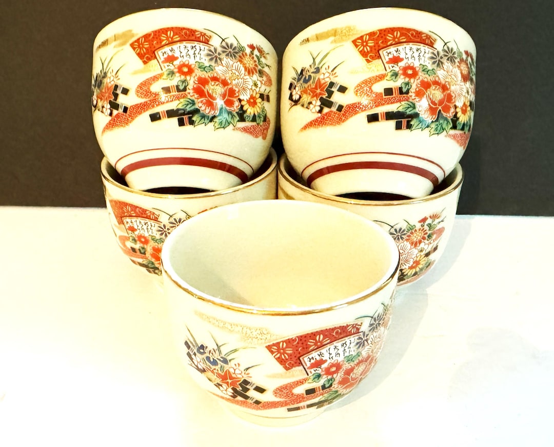 Vintage Set of Five Saki Cups Asian Tea Cups Gold Trim, Japanese Sake ...
