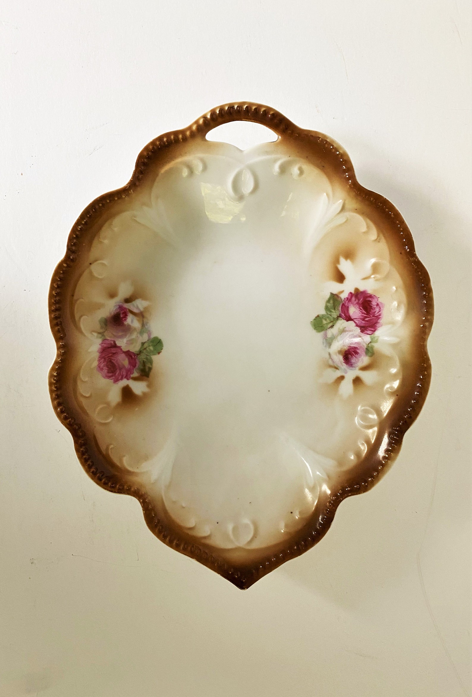Antique Porcelain Dish German Leaf Shape Shallow Bowl Cream With Brown ...