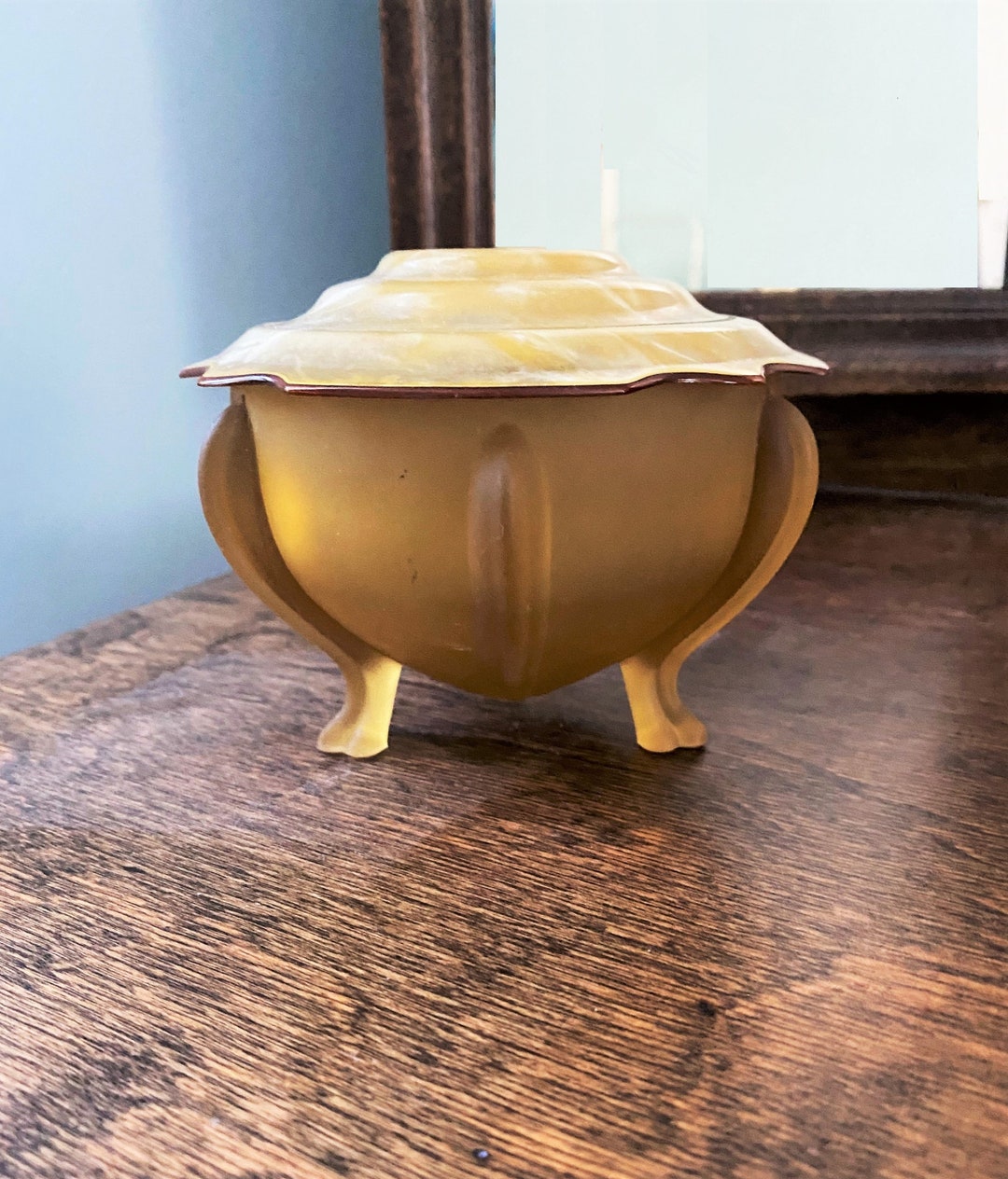 Vintage Art Deco Powder Jar Frosted Yellow Glass Footed Base and ...