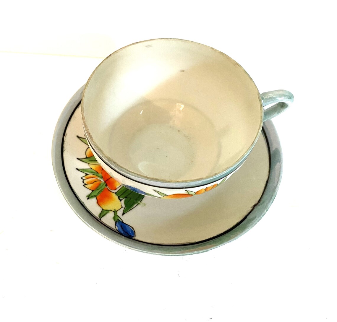 Vintage Lusterware Cup and Saucer Hand Painted Iridescent Blue and ...