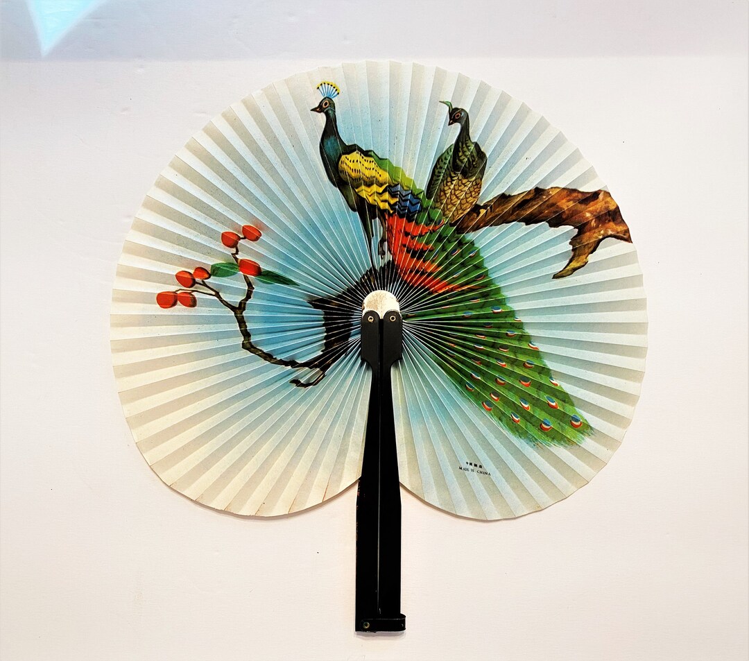 Vintage Peacock Design Paper Fan Folding Accordion Fan With Black Metal ...