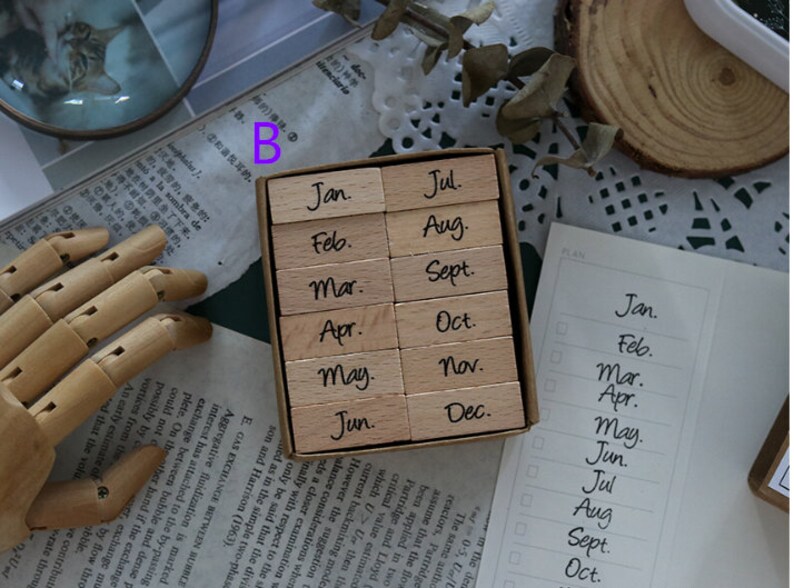 12pcs Month Stamp, Monthly Wooden Rubber Stamps Set - Bullet Journal ...