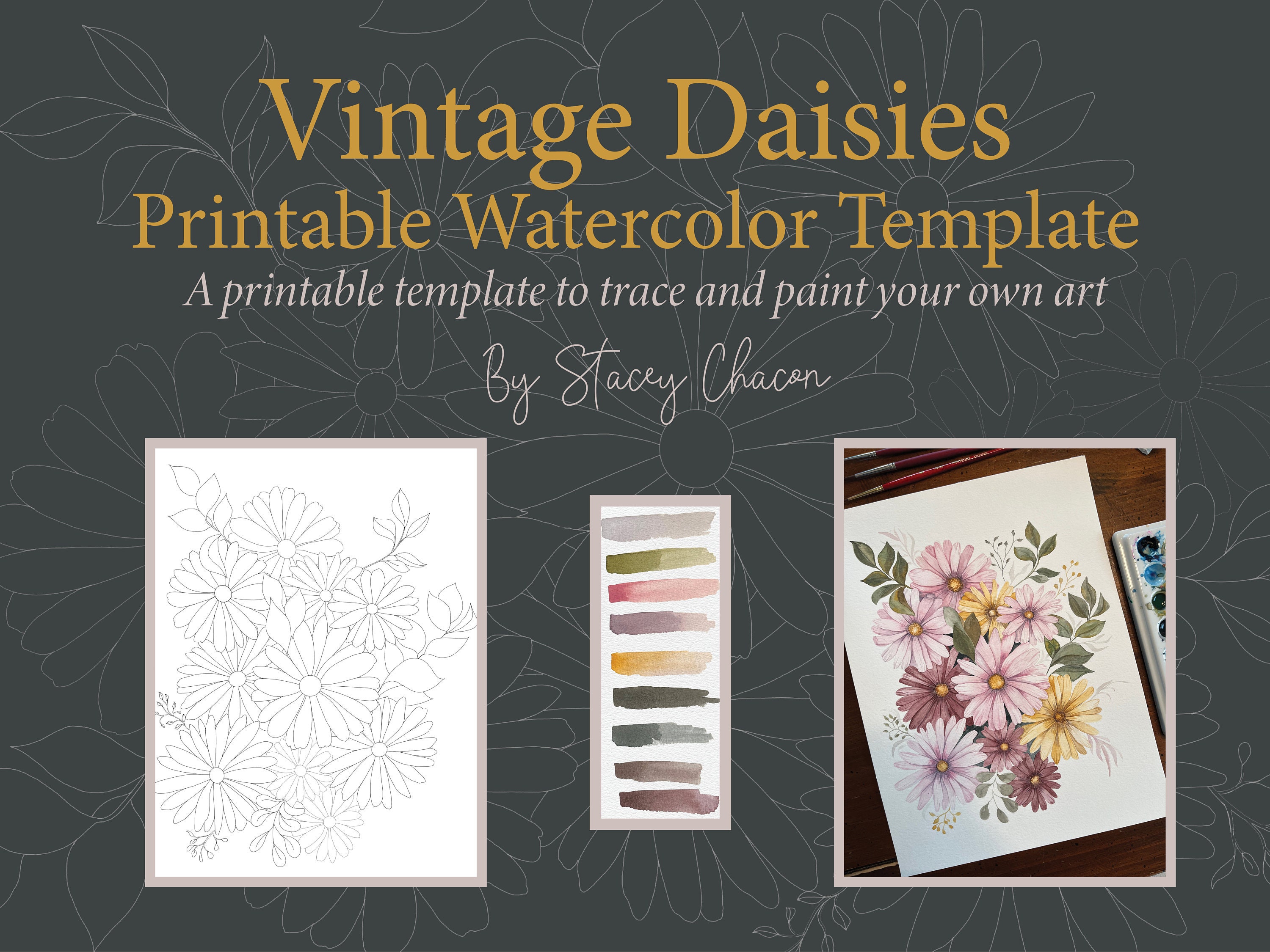 Printable Watercolor Template - Vintage Daisies - Etsy