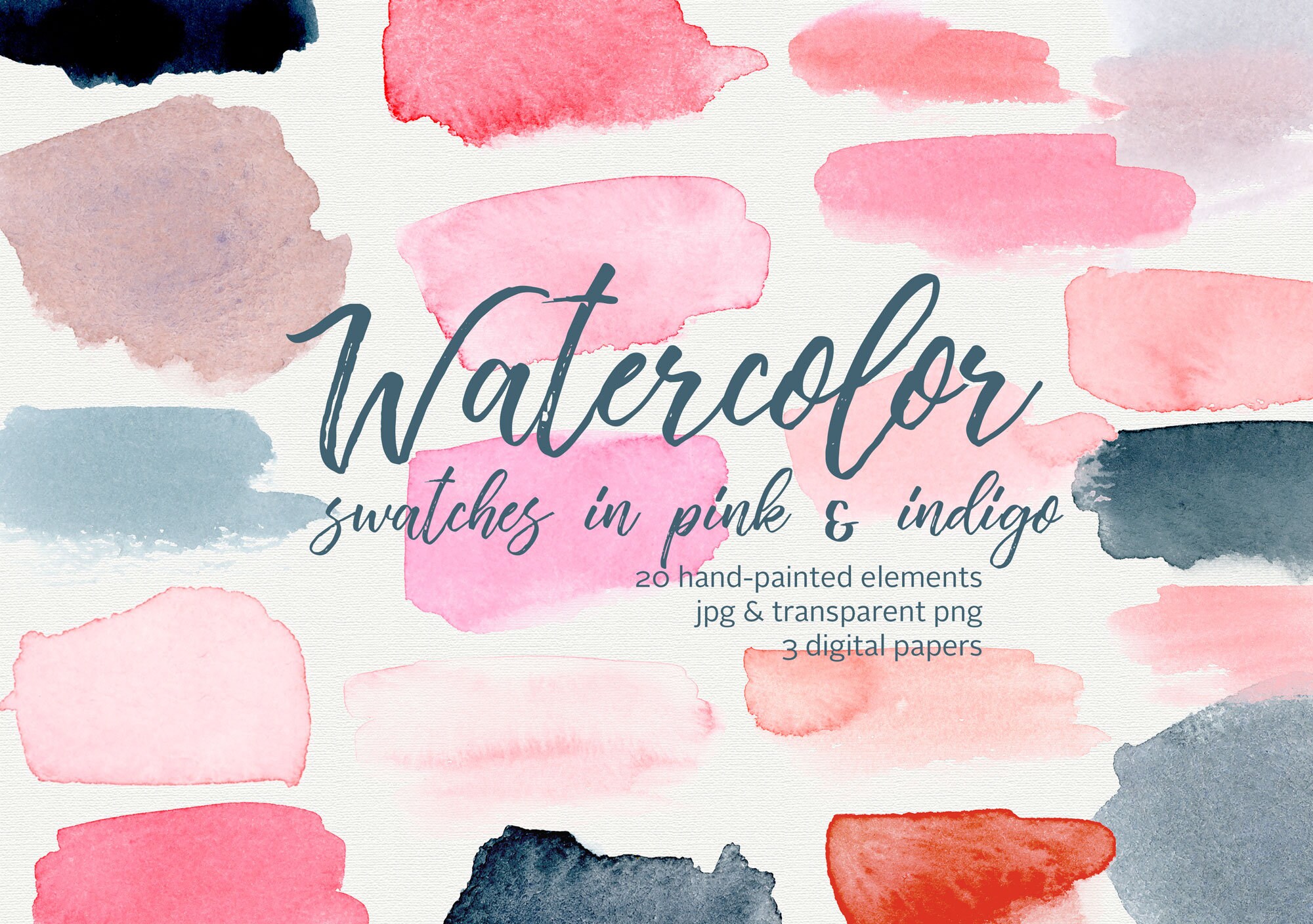 Watercolor Swatches - Pinks and Indigo - Clipart and Digital Paper - Etsy