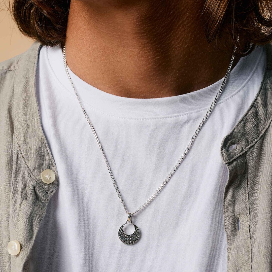 Men's Sterling Silver Orbital Pendant Necklace: Handmade Cuban Curb ...