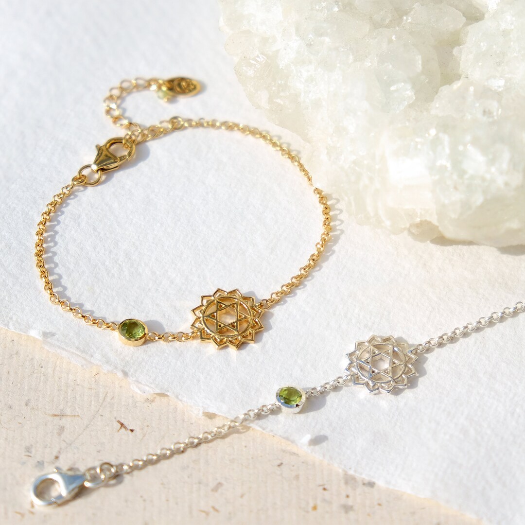 Peridot Heart Chakra Bracelet: Sterling Silver Yoga Jewelry - Etsy