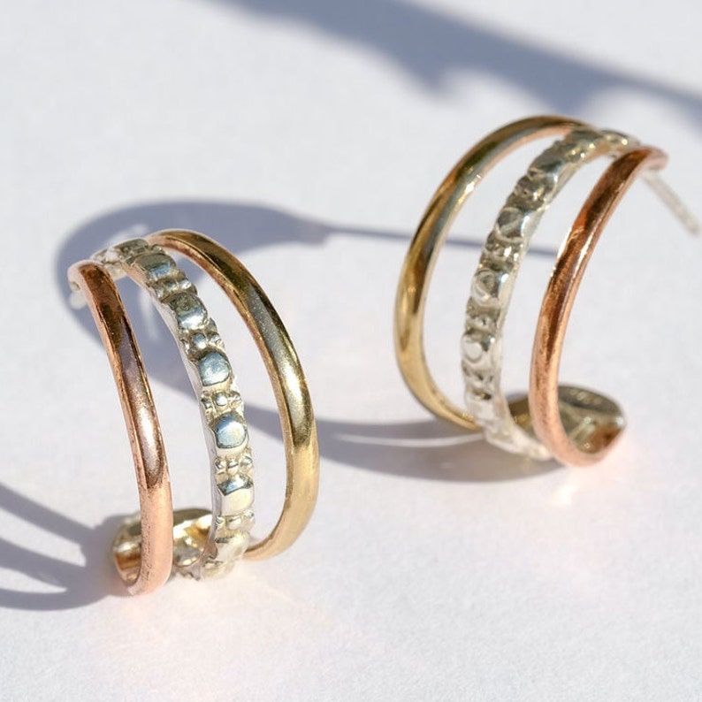 Three Tone Earringsmulti Coloured Half Hoopstriple Hoop - Etsy