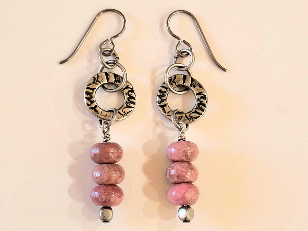 Rhodonite Gemstone Pink Antiqued Silver Hoop Earrings Birthday - Etsy