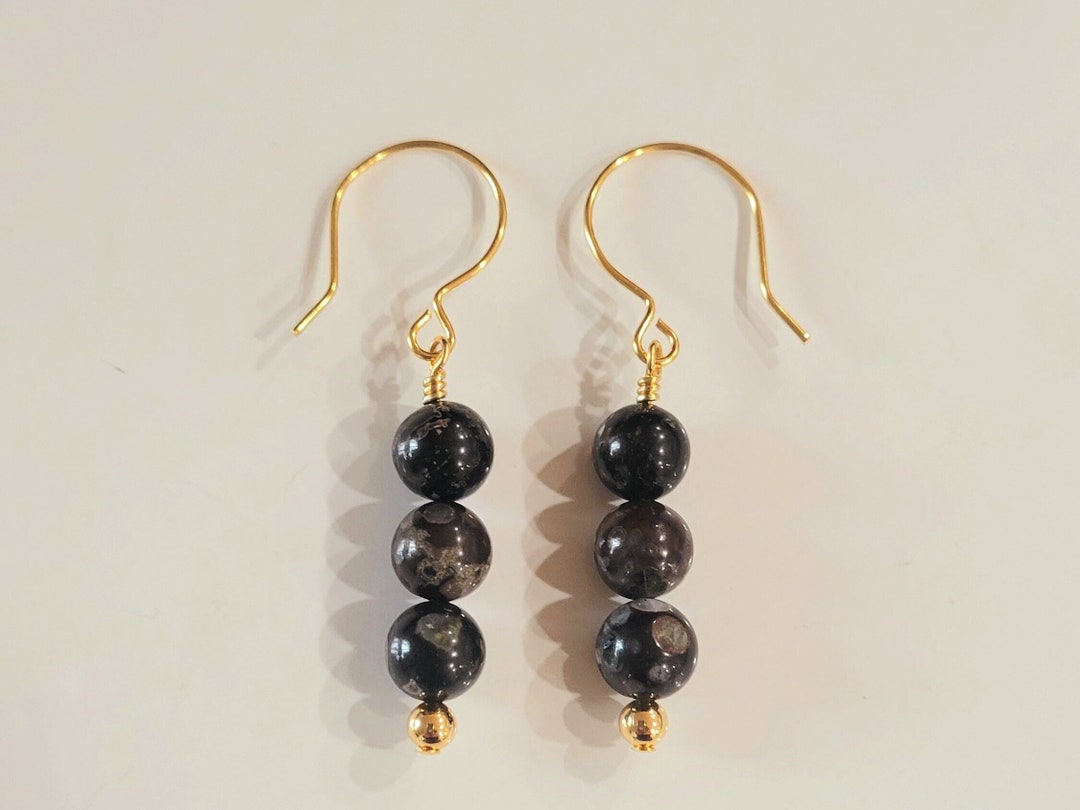 Flower Obsidian Gemstone Gold Earrings Black Stone Crystal Earrings ...