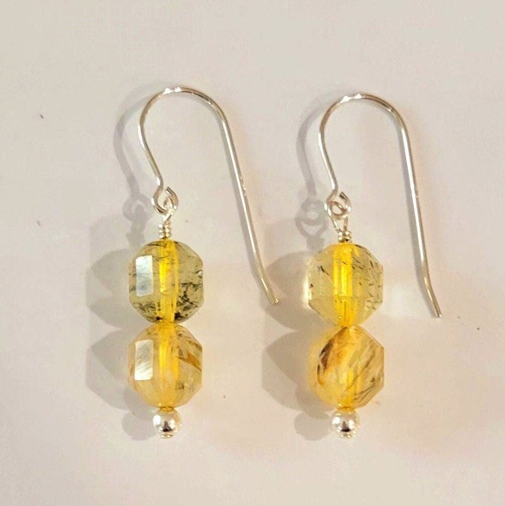 Yellow Rutilated Quartz Gemstone Sterling Silver Earrings Birthday Gift ...