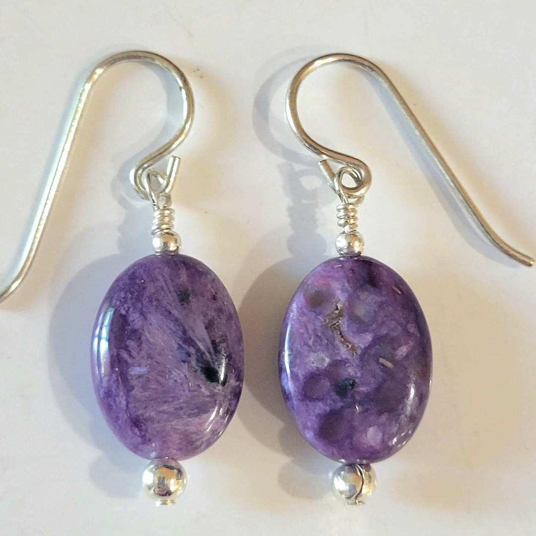 Purple Charoite Gemstone Sterling Silver Earrings Purple Stone Earrings Birthday Gift for Her ...
