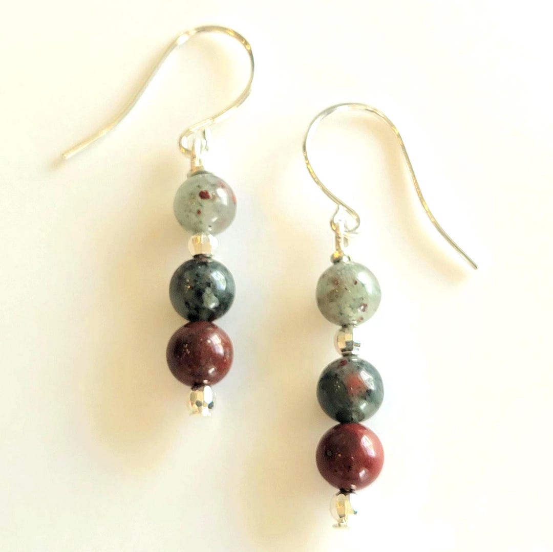 Bloodstone Gemstone Sterling Silver Earrings Dark Green Stone Red Green ...
