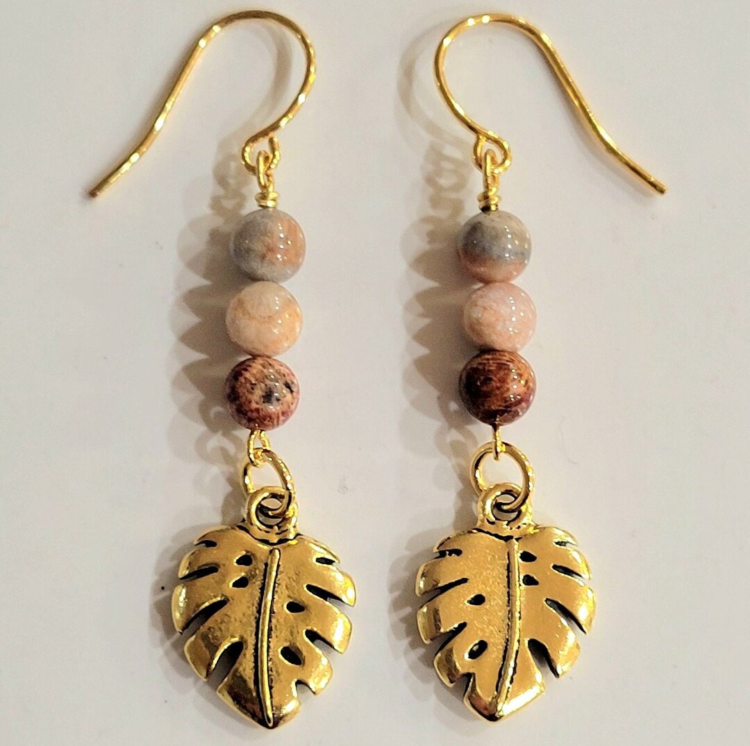Gold Brass Autumn Leaf Earrings Jasper Agate Fossil Gemstone Earrings ...