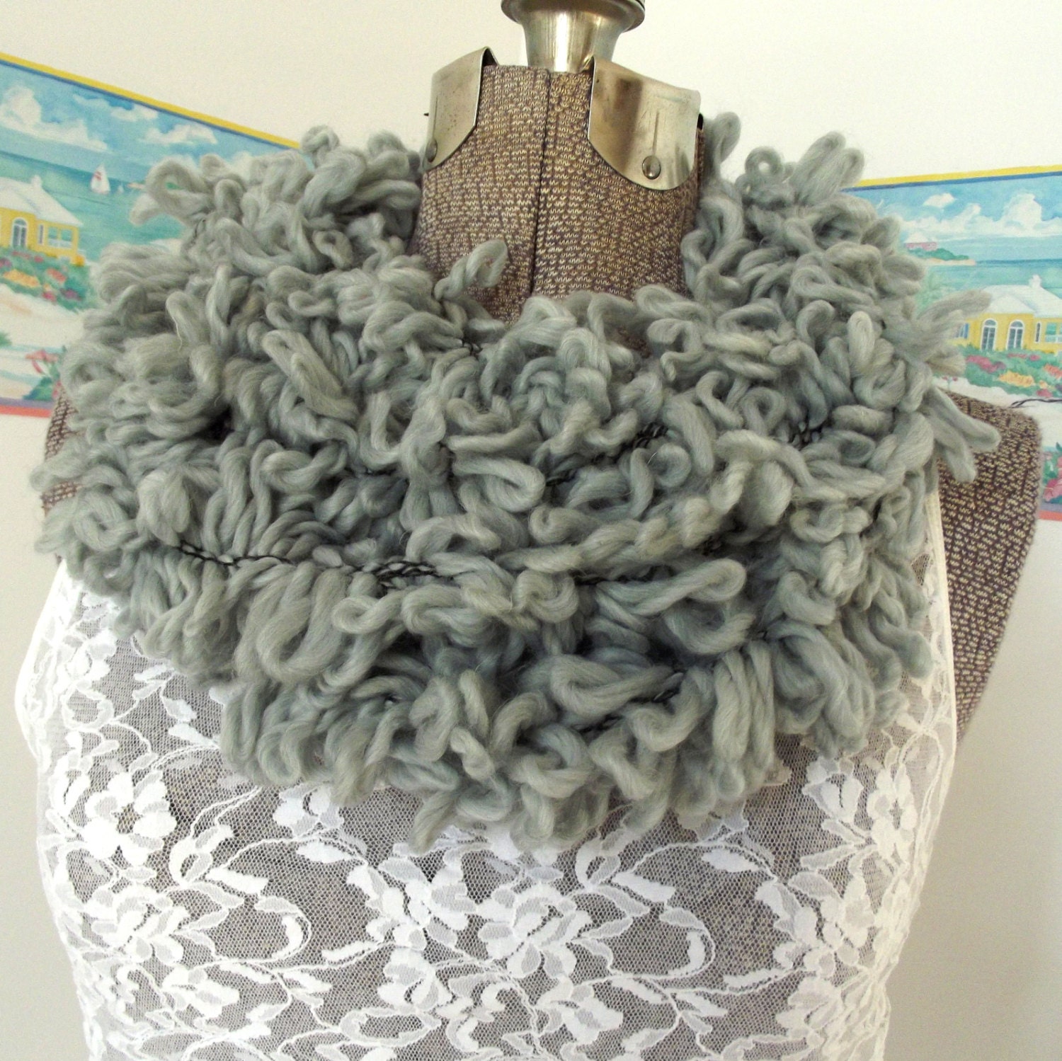 Crochet Boa, Crochet Scarf, Loopy Scarf, Gray Grey Scarf, Long, Boho ...
