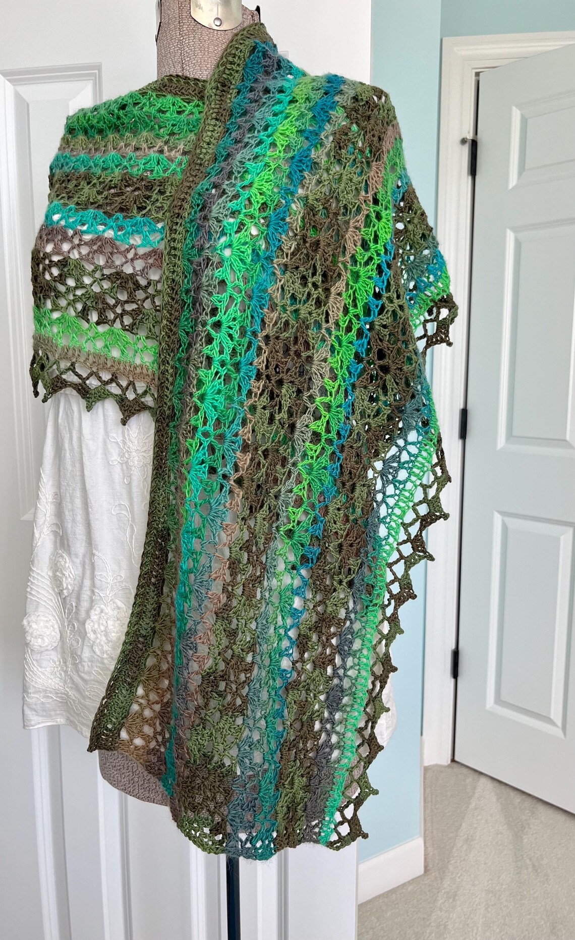 Handmade Shawl, Crochet Shawl, Green Shawl, Super Scarf, Rain Forest ...