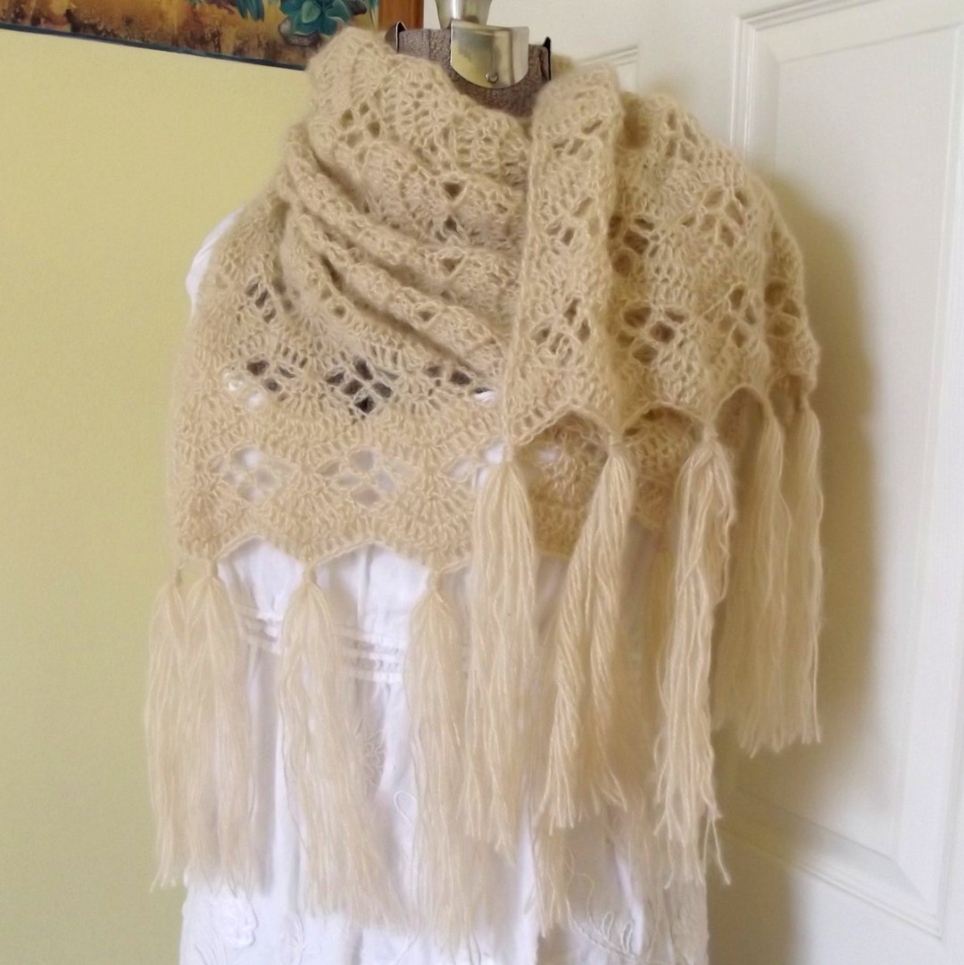 Chal Mohair, Chal de ganchillo, Beige, Envoltura crema, Chal hecho a ...