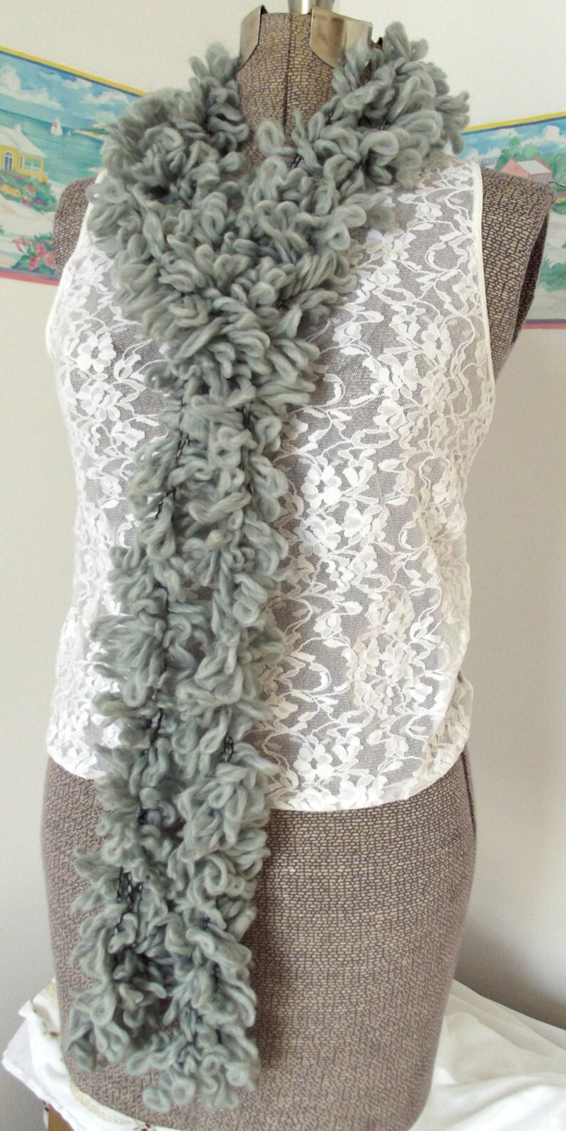 Crochet Boa, Crochet Scarf, Loopy Scarf, Gray Grey Scarf, Long, Boho ...